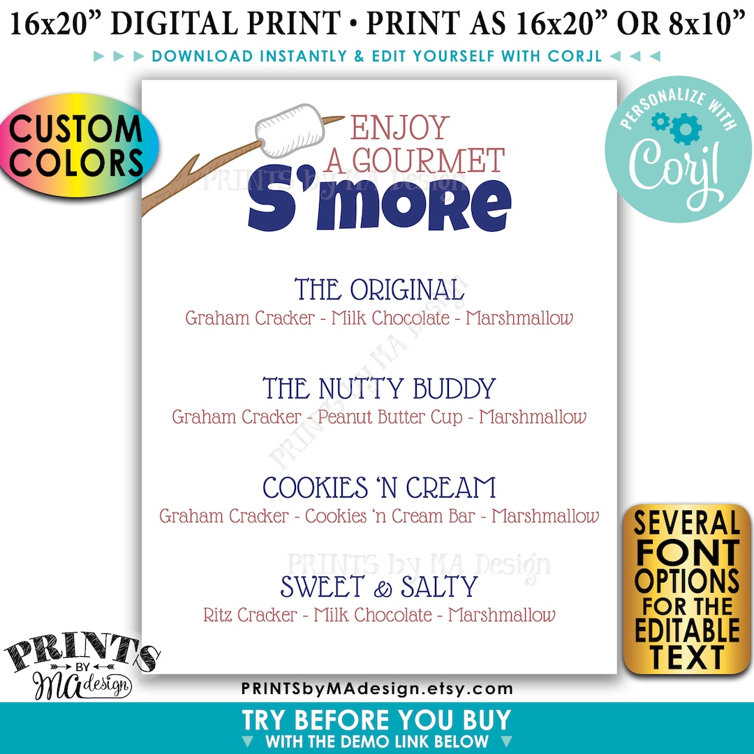 S'more Menu, Enjoy a Gourmet S'more Sign, Custom PRINTABLE 8x10/16x20 ...