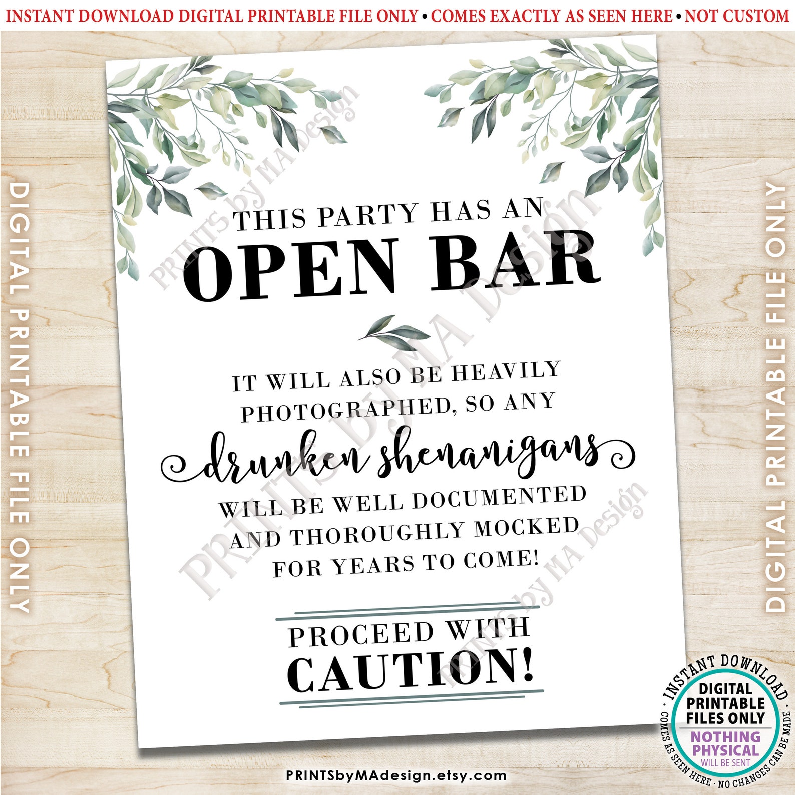 Open Bar Sign Caution Drunken Shenanigans at Party - Etsy