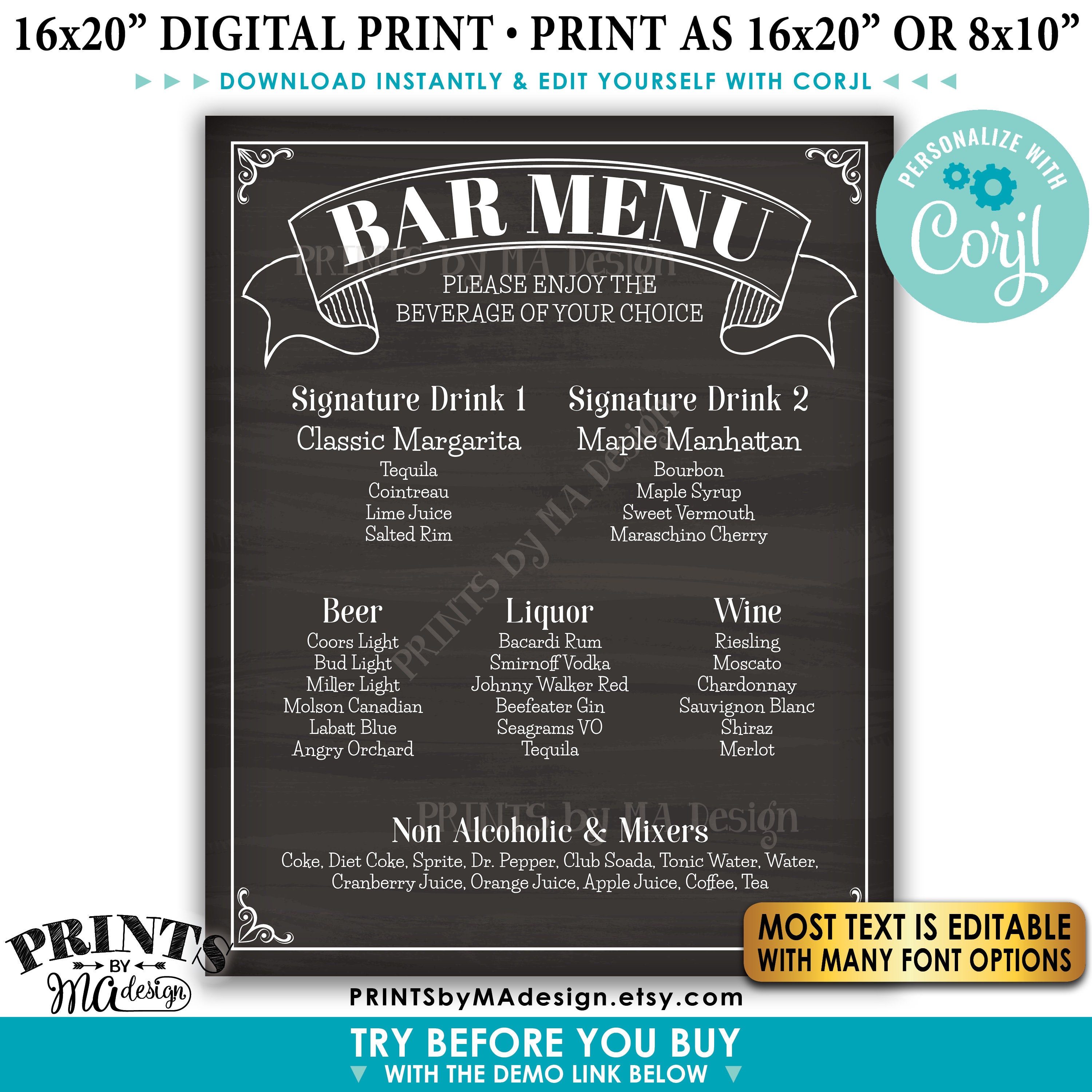 Bar Menu Sign, Custom PRINTABLE 8x10/16x20” Chalkboard Style Drinks ...