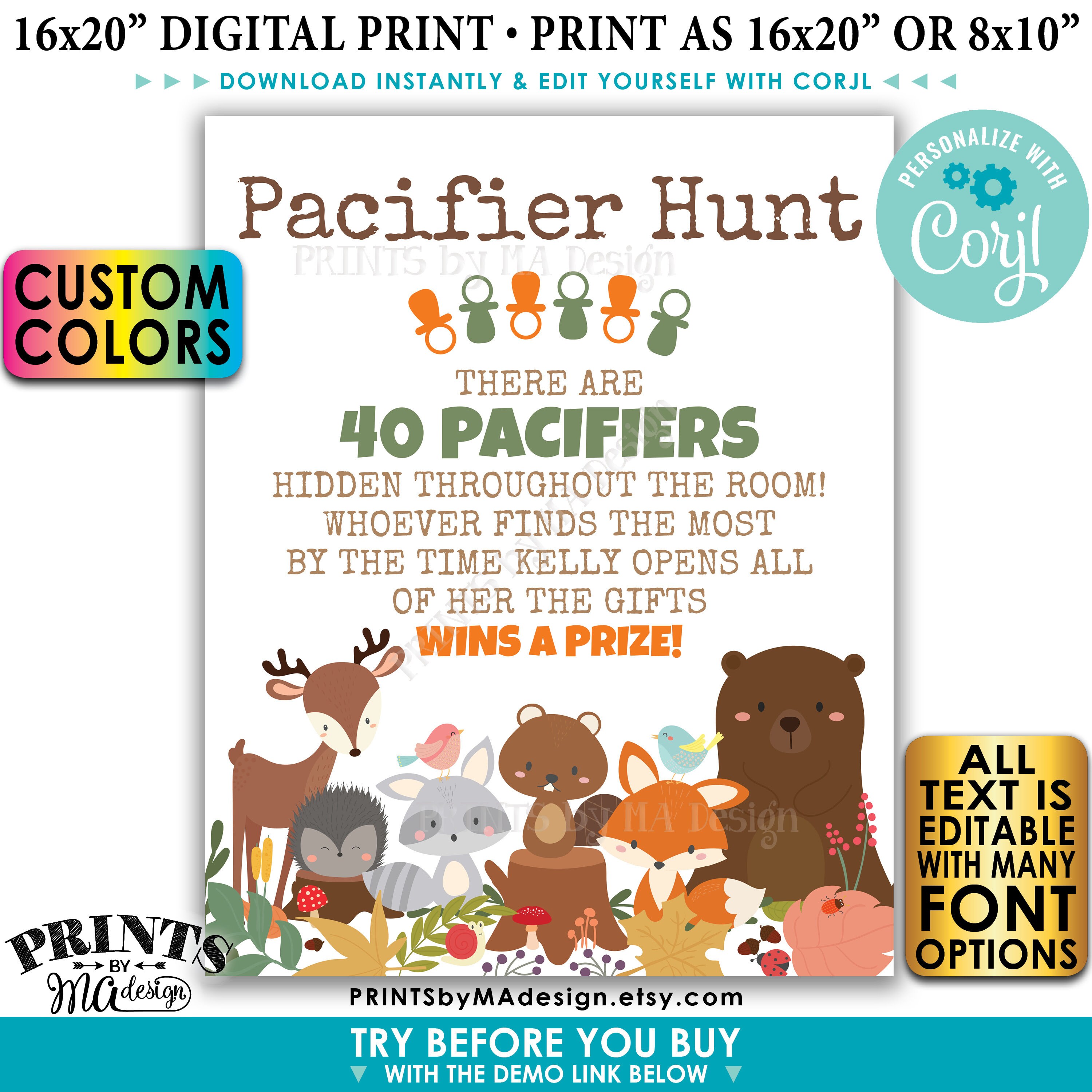 Baby Shower Pacifier Hunt Game Sign, Pacifier Scavenger Hunt, Custom ...