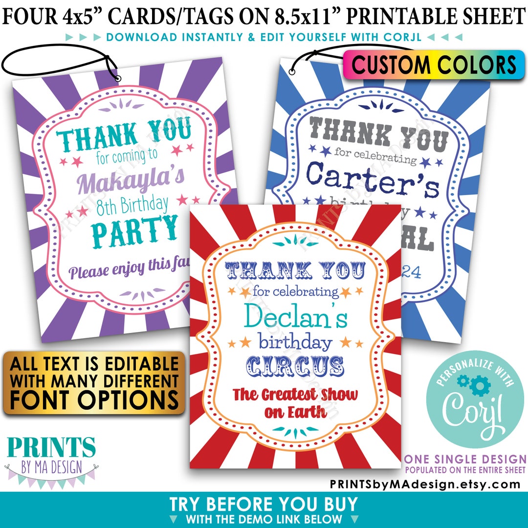 Circus or Carnival Theme Birthday Tags, Bday Party Favors Treat Goodie ...