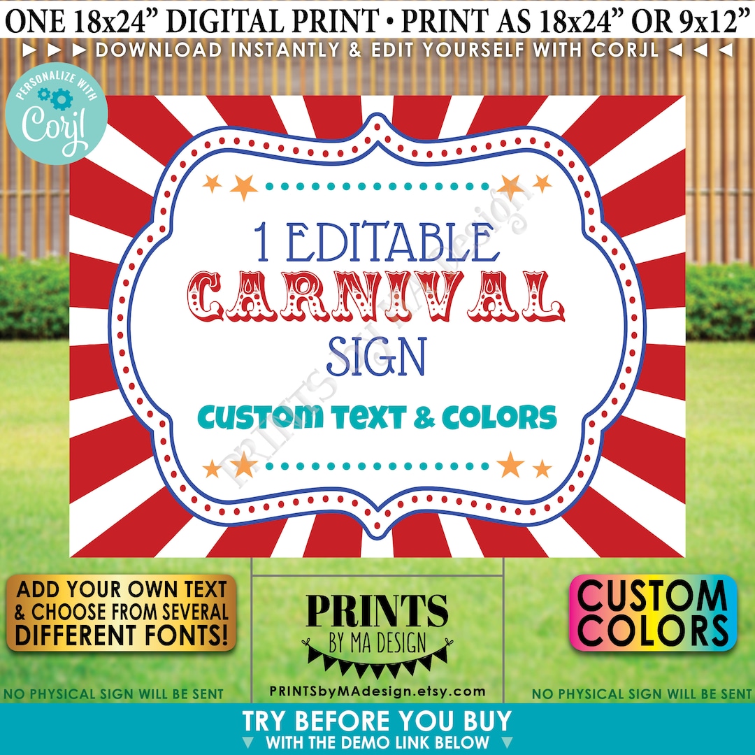 Editable Carnival Sign, Circus Theme Birthday Party Poster, ONE Custom ...