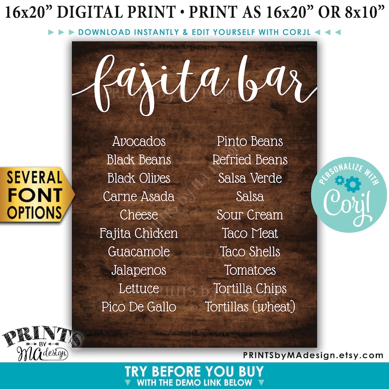 Fajita Bar Menu Sign Fiesta Party Menu Custom PRINTABLE - Etsy