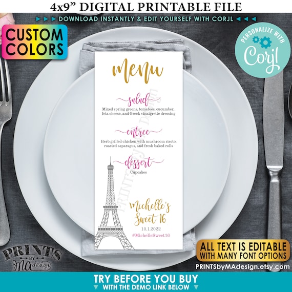 Custom Paris Menu Eiffel Tower PRINTABLE 4x9 Editable Menu | Etsy