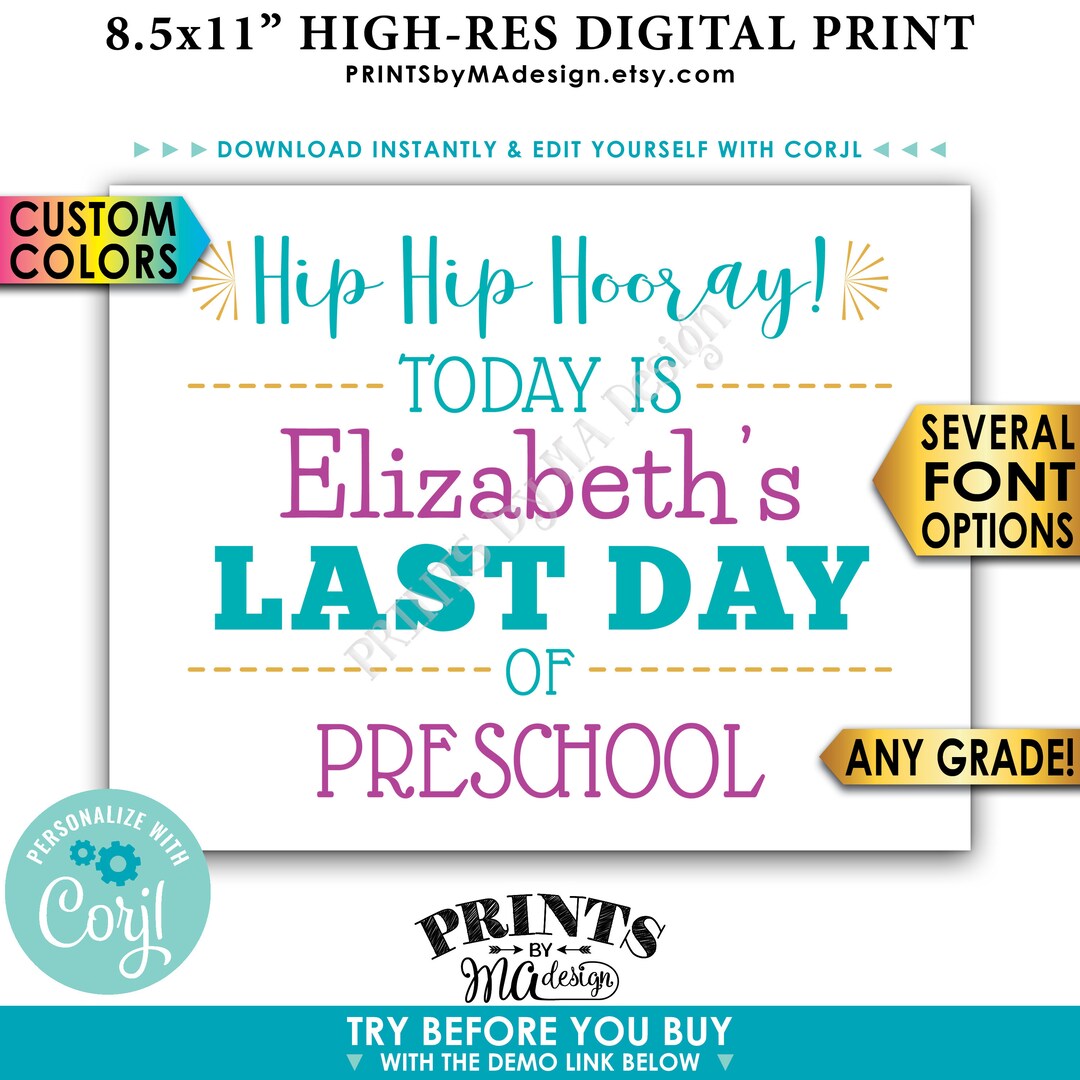 SALE!! Last Day of School Sign, Custom Name Grade and Colors School's ...