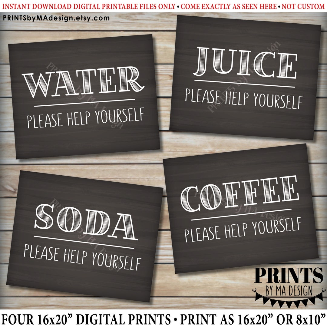 Beverage Station Signs, Please Help Yourself to Water Juice Coffee or ...