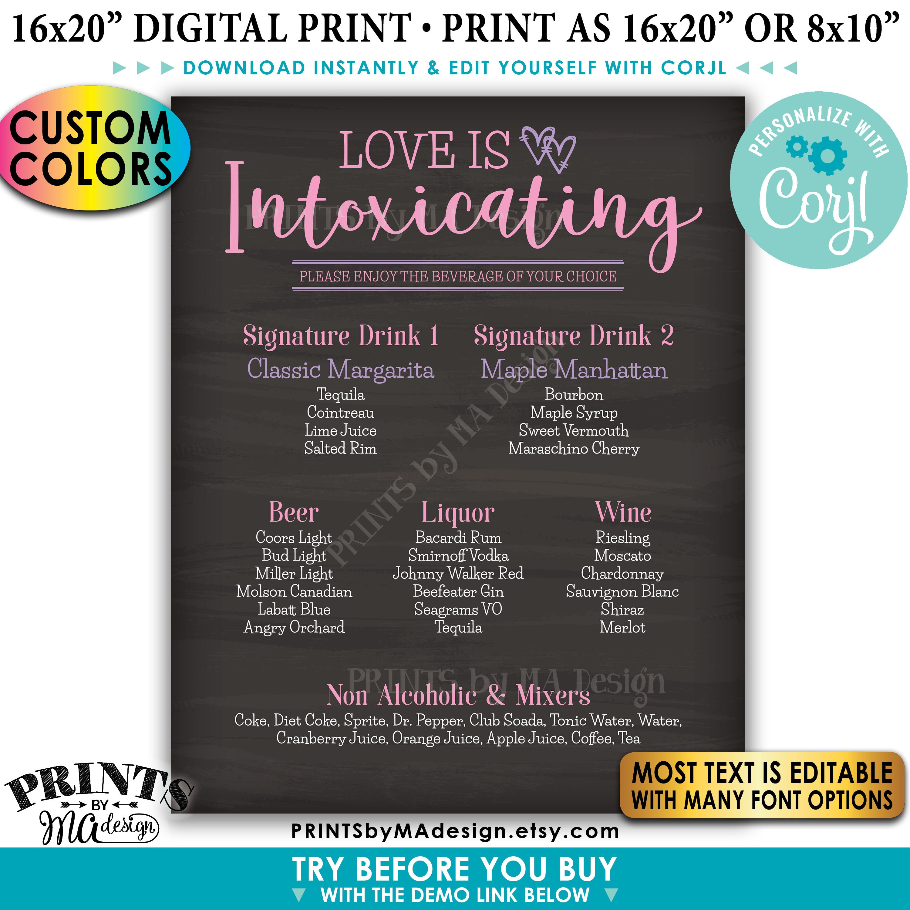 Love is Intoxicating Bar Menu Sign, Wedding Reception Drinks, Custom ... Love is Intoxicating Bar Menu Sign, Wedding Reception Drinks, Custom ...