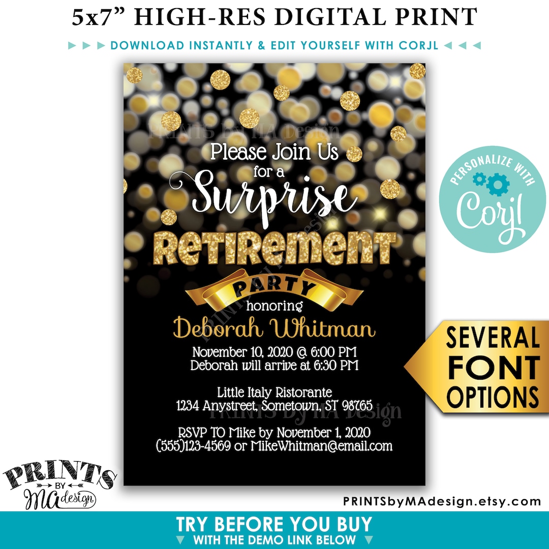 Surprise Retirement Party Invitation, Black & Gold Glitter Invite ...