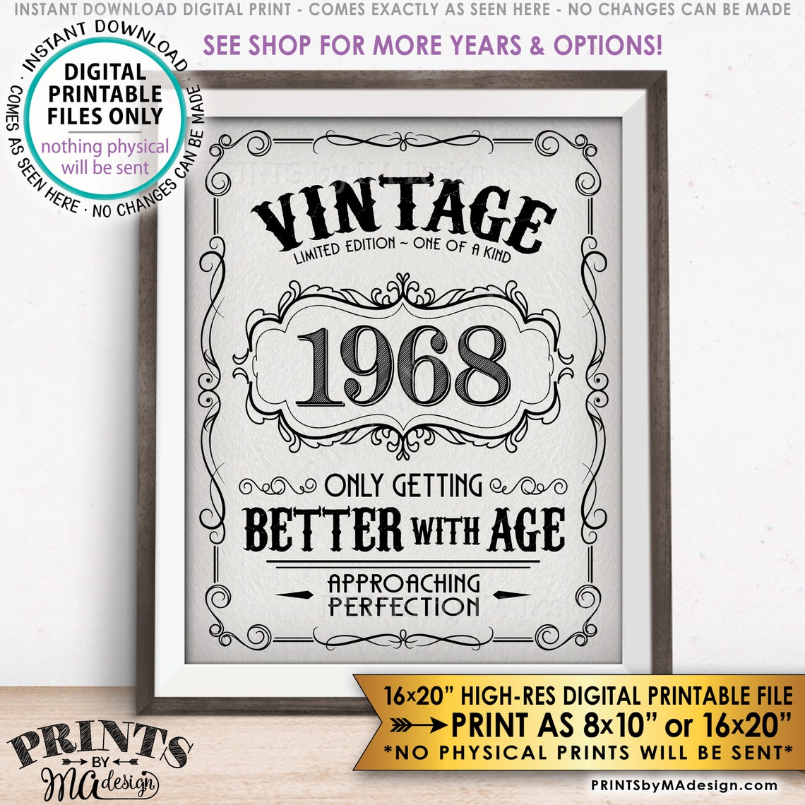 1968 Birthday Sign, Better With Age Vintage Birthday Poster Aged to ...