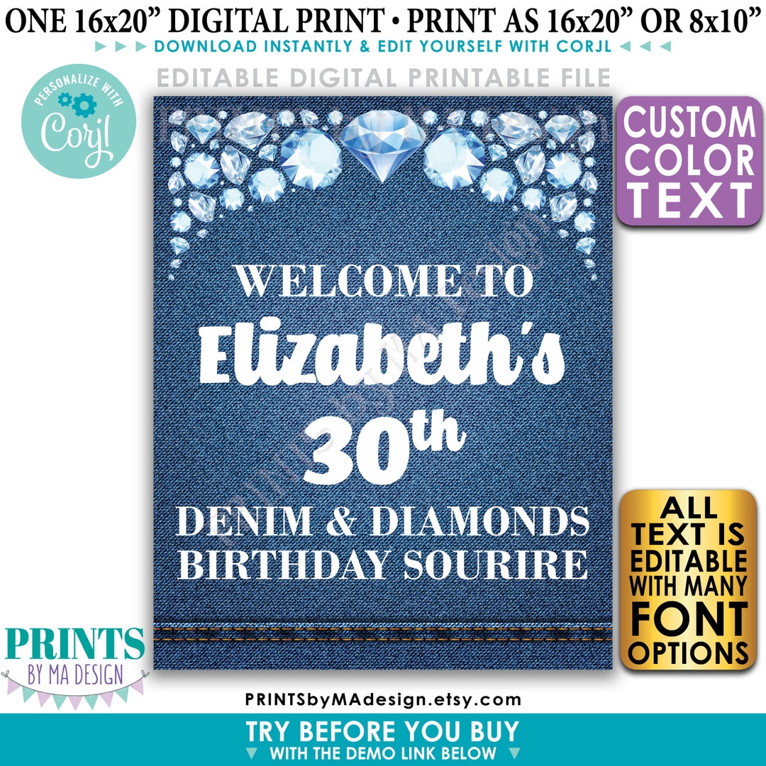 Denim and Diamonds Birthday Party Welcome Sign, Editable Bday Decor ...