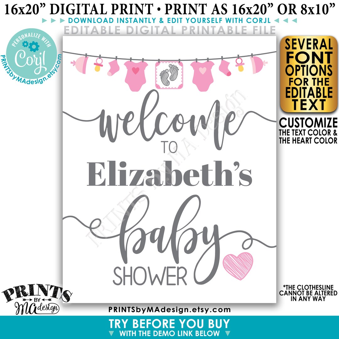 Editable Baby Shower Welcome Sign, It's a Girl, Pink Baby Clothesline ...