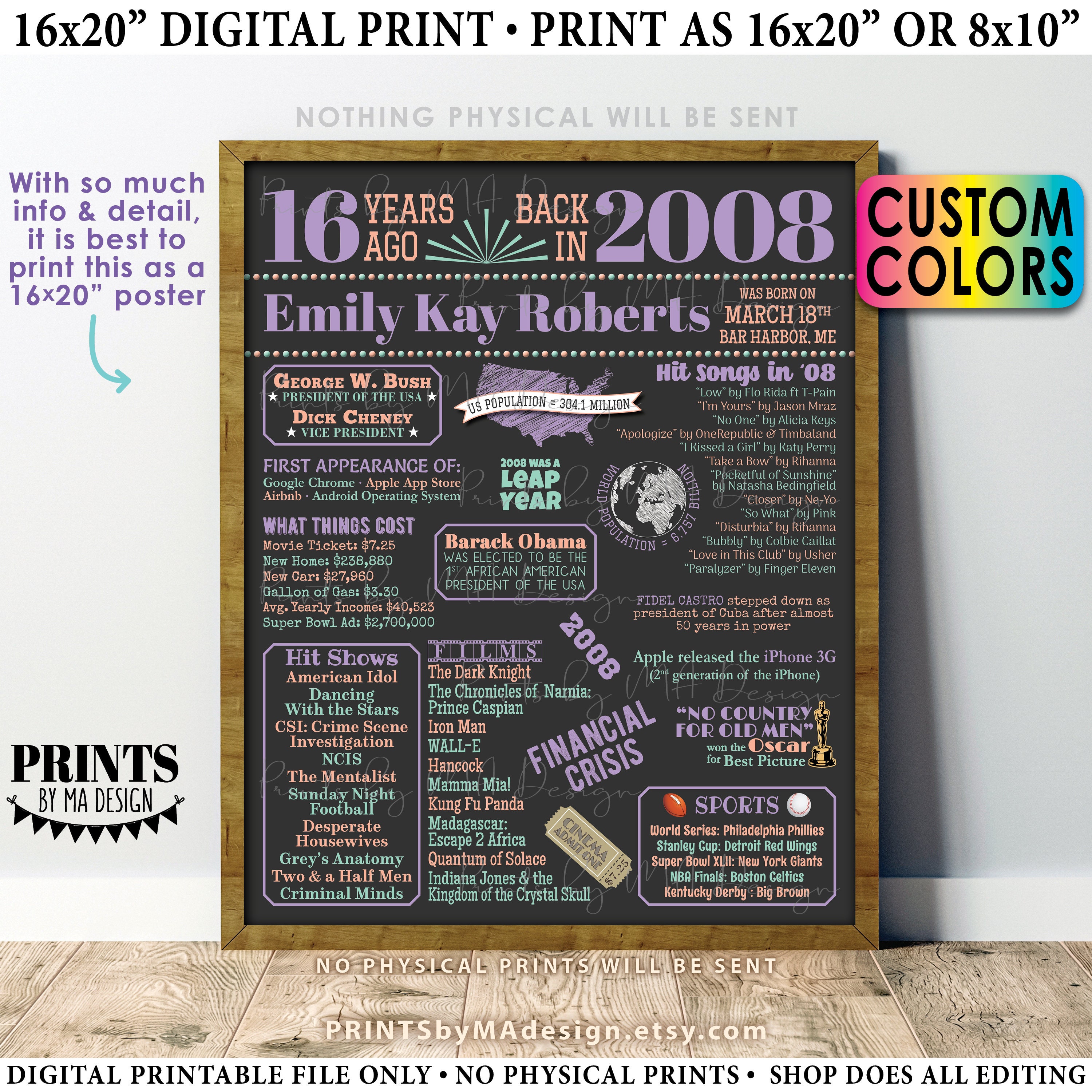 16th Birthday Poster Board, Born in 2008 Flashback 16 Years Ago B-day ...