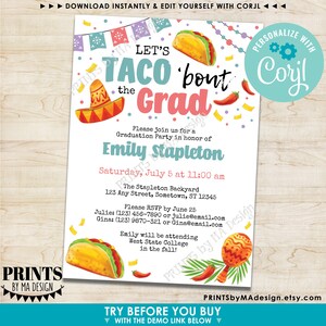 Taco Graduation Party Invitation, Let's Taco 'bout the Grad, One Custom ...