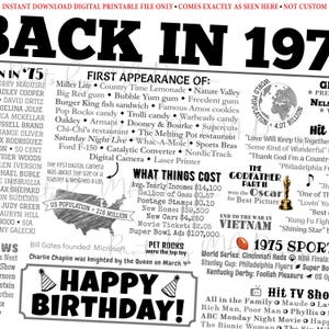 Back in 1975 Birthday Poster Decor, Flashback to 1975 Bday Decoration, 1975 Party, Dinner ...