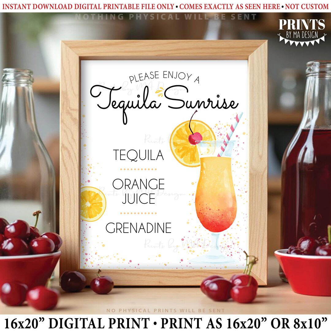 Tequila Sunrise Sign, Signature Drink Bar Menu, Tequila and Orange ...