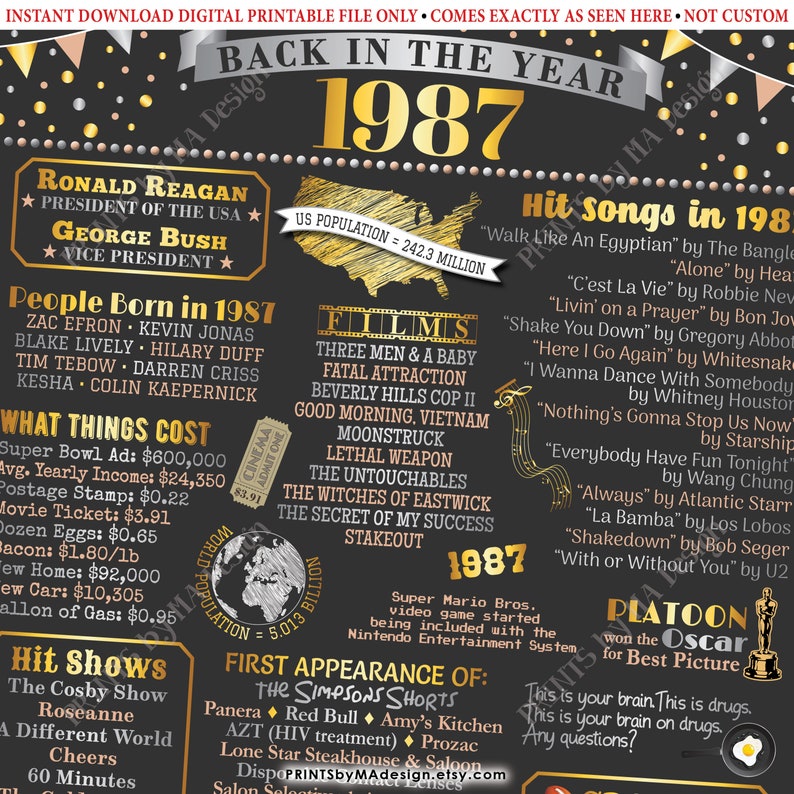 Back in the Year 1987 Birthday Sign, Flashback to 1987 Poster Board ...