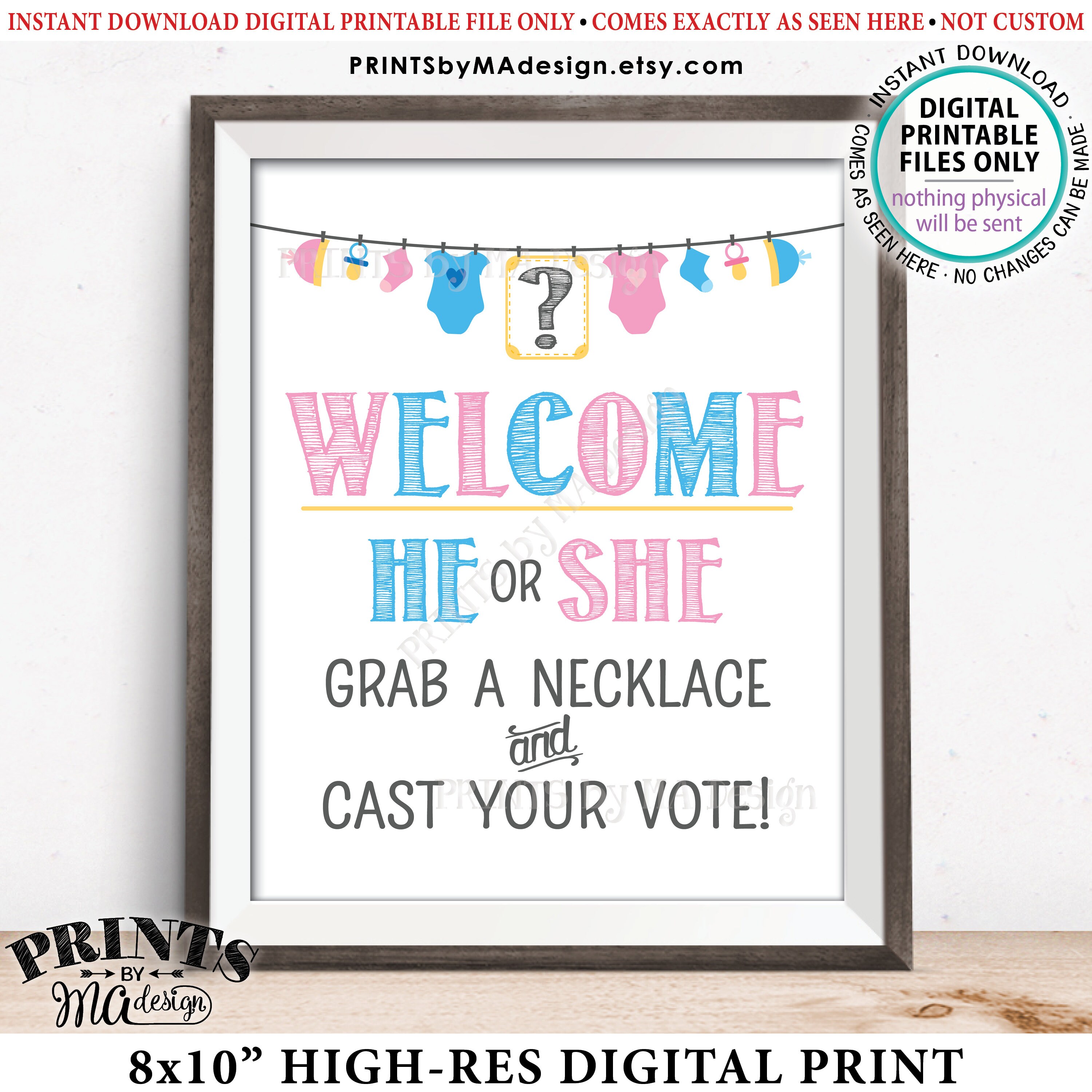 Gender Reveal Sign, He or She? Grab a Necklace and Cast Your Vote ...