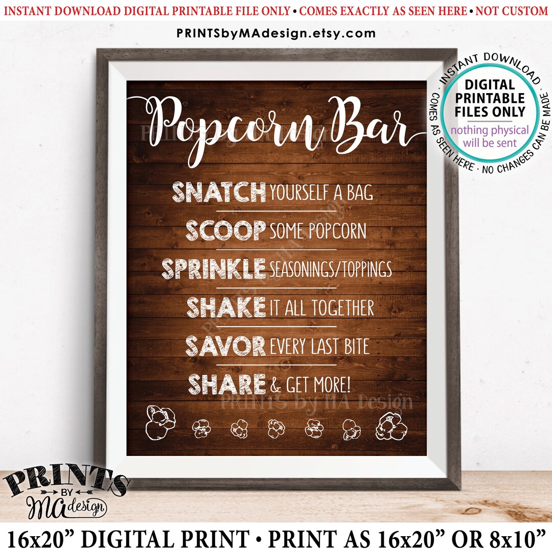 Popcorn Bar Sign, Popcorn Toppings, Directions, Graduation, Wedding ...