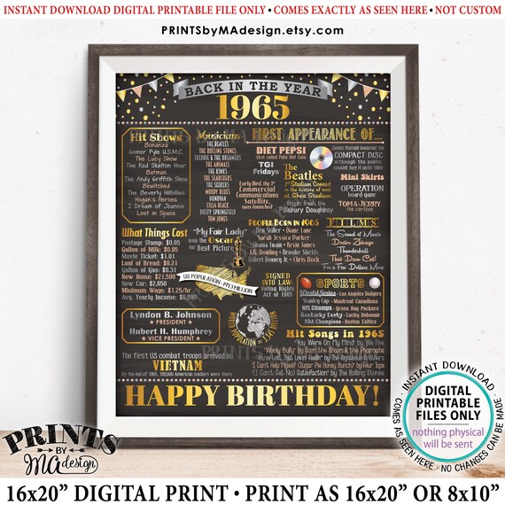 1965 Birthday Flashback Poster Back in the Year 1965 Birthday | Etsy