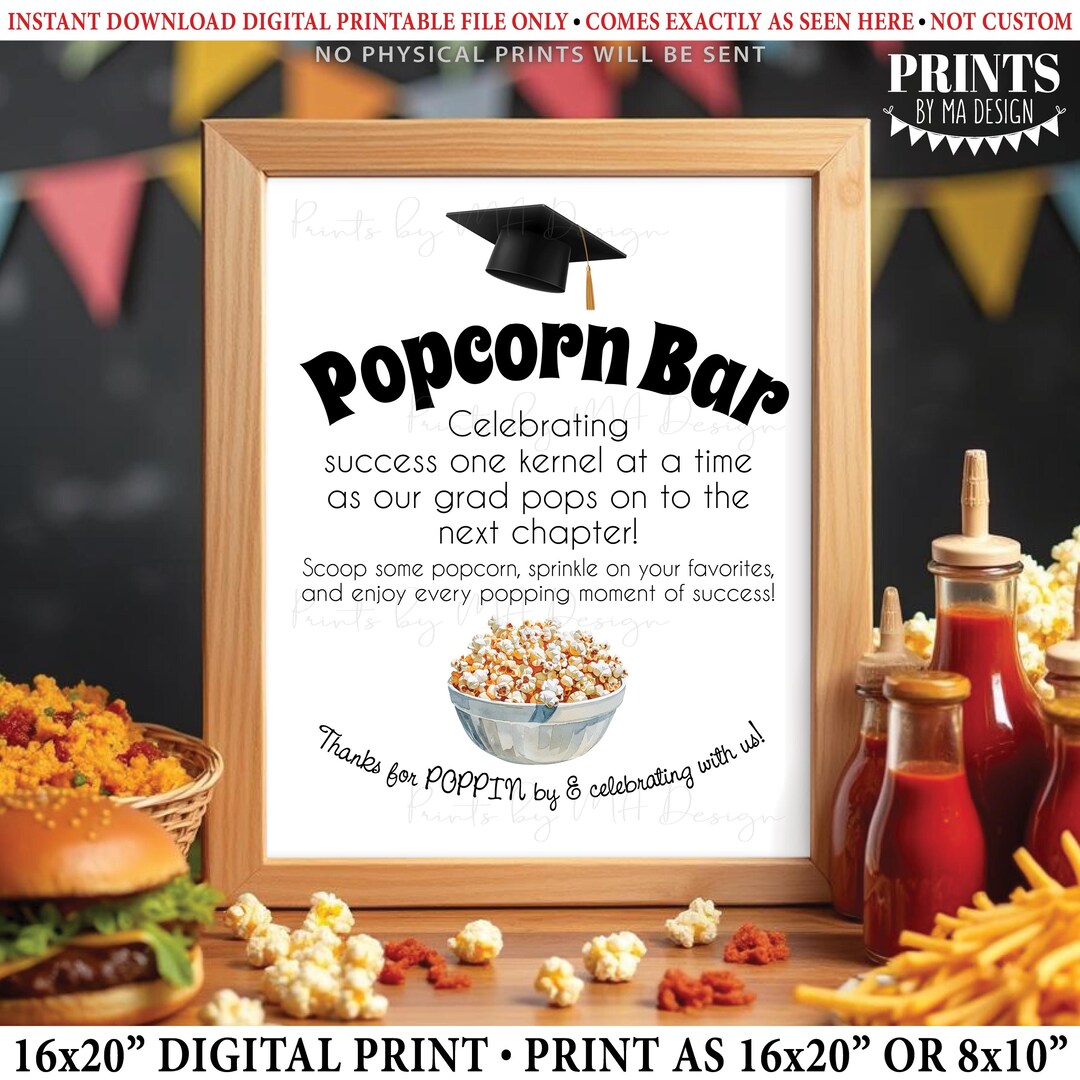 Graduation Popcorn Bar Sign, Scoop Sprinkle Enjoy Popcorn Menu, Punny ...