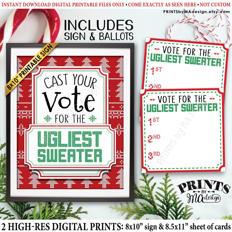 Ugly Christmas Sweater Party Voting Sign and Ballots, Vote for the ...