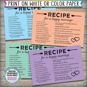 Recipe for a Happy Marriage, Bridal Shower Gift, Key to a Happy ...