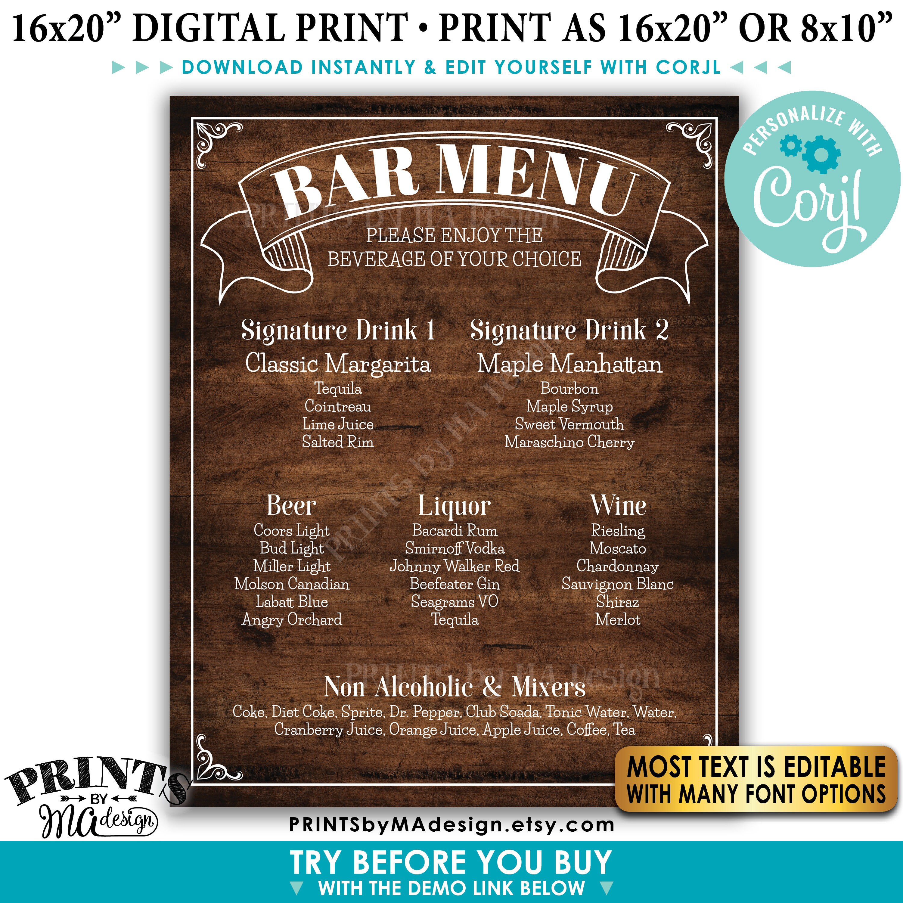 Bar Menu Sign, Custom PRINTABLE 8x10/16x20” Rustic Wood Style Drinks ...