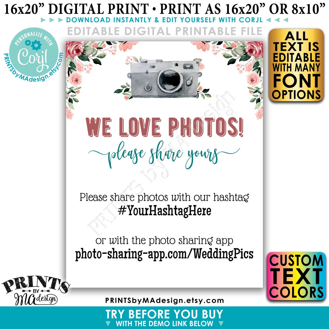 Editable Photo Sharing Sign, We Love Photos, Wedding Hashtag, Rose Gold ...
