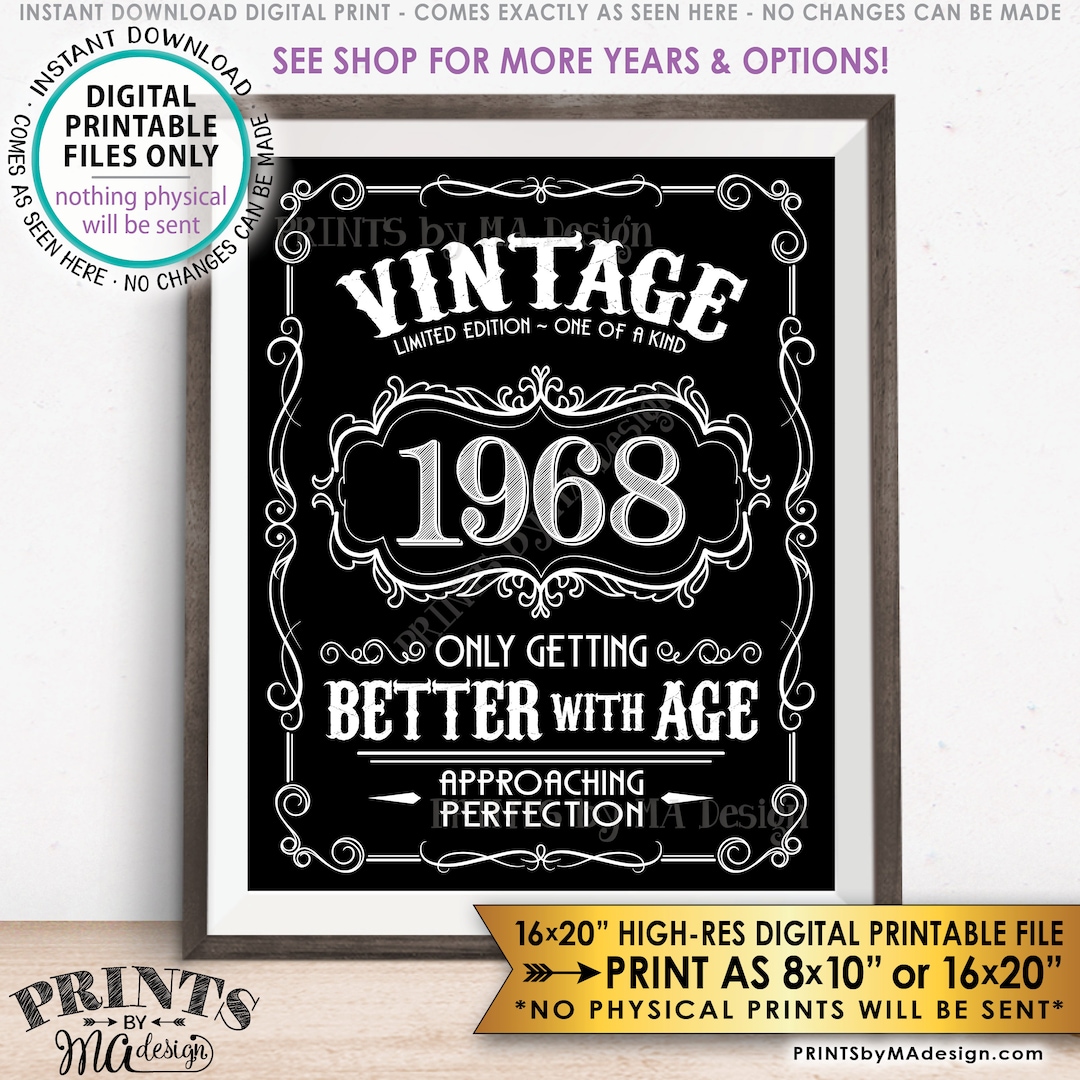 1968 Birthday Sign, Better With Age Vintage Birthday Poster, Black ...
