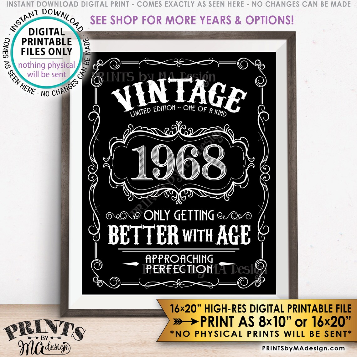 1968 Birthday Sign Better With Age Vintage Birthday Poster | Etsy