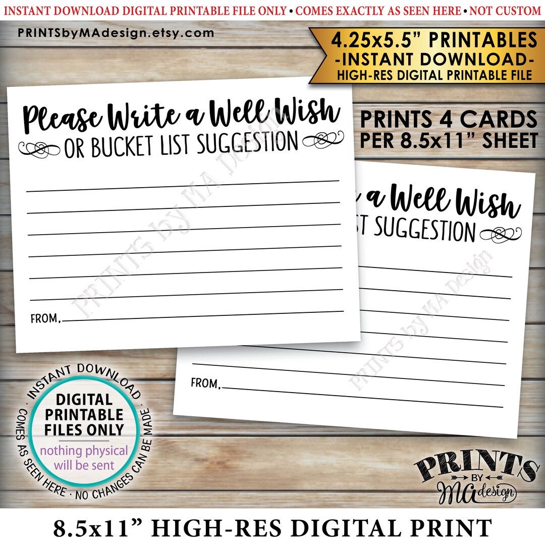 Well Wish Card, Bucket List Ideas, Please Write a Well Wish or Bucket ...