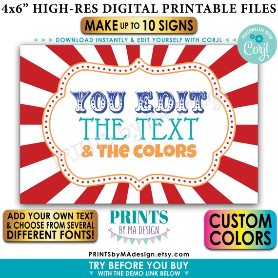 Custom Carnival Signs Circus Theme Birthday Party Create up | Etsy