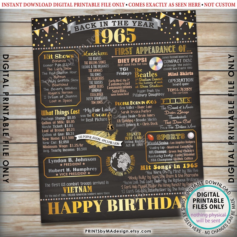 1965 Birthday Flashback Poster Back in the Year 1965 Birthday | Etsy 1965 Birthday Flashback Poster Back in the Year 1965 Birthday | Etsy