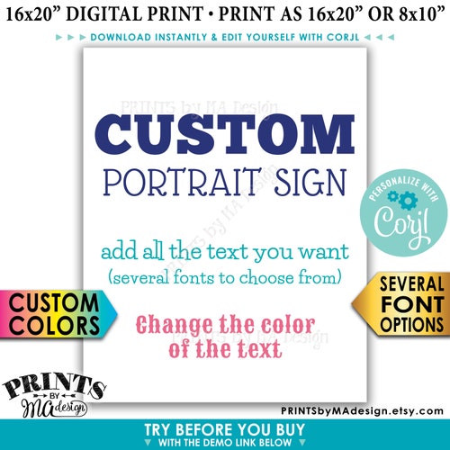 Custom Sign Choose Your Text & Colors One PRINTABLE - Etsy