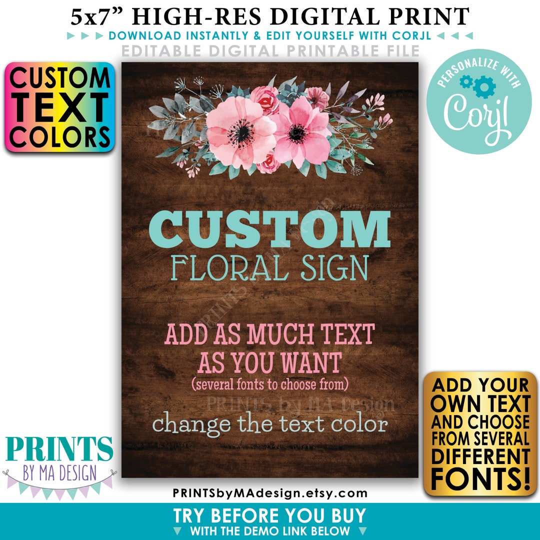 Editable Rustic Wood Style Sign With Pink & Teal Flowers, Choose Your ...