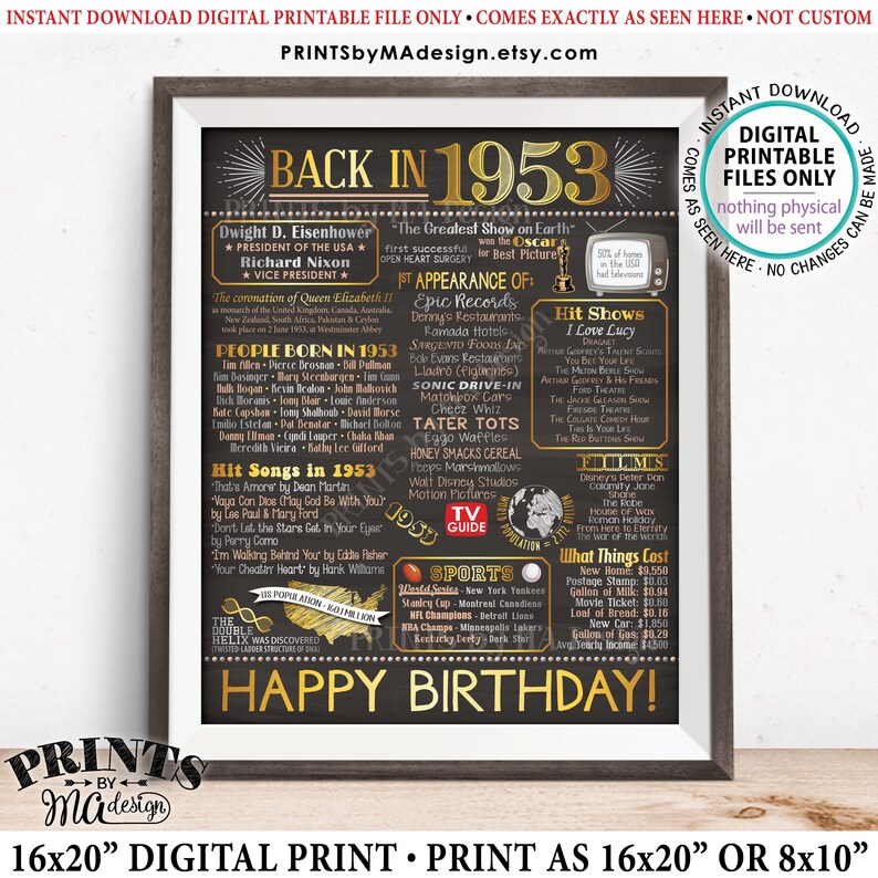 1953 Birthday Flashback Poster Back in 1953 Birthday | Etsy 1953 Birthday Flashback Poster Back in 1953 Birthday | Etsy