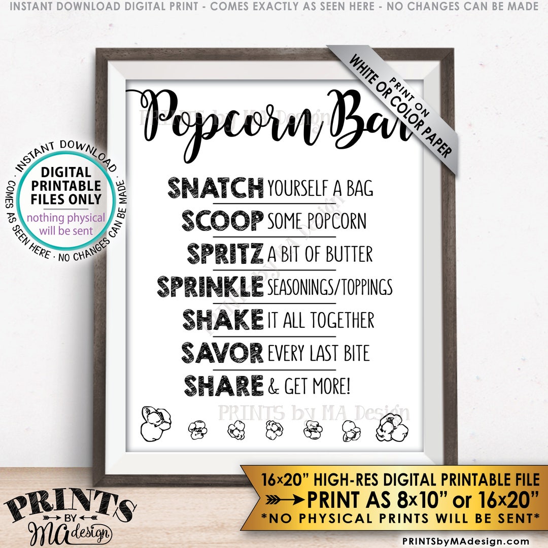 Popcorn Bar Sign, Popcorn Bar Directions, Popcorn Toppings, Wedding ...