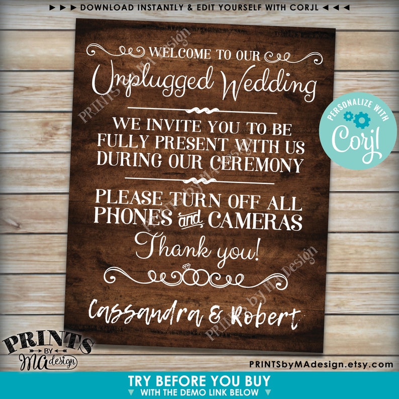 Unplugged Wedding Sign Please Turn off Phones & Cameras - Etsy