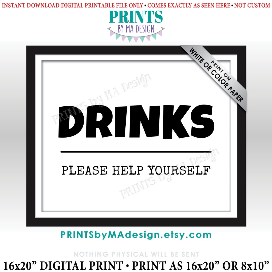Drinks Sign, Please Help Yourself to a Beverage Station Sign, Black ...