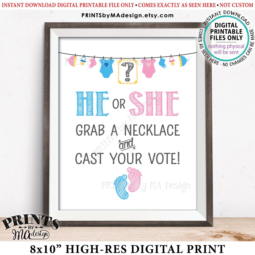 Gender Reveal Party Sign, He or She - Grab a Necklace and Cast Your ...