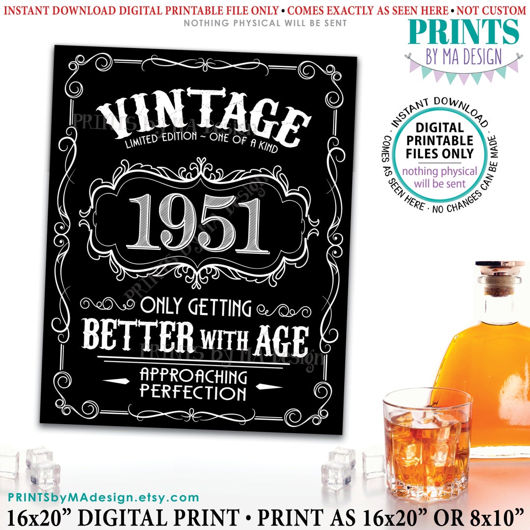1951 Birthday Sign, Better With Age Vintage Birthday Poster, Whiskey ...