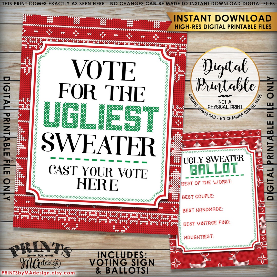 Ugly Christmas Sweater Voting Sign and Ballots, Ugly Sweater Party ...