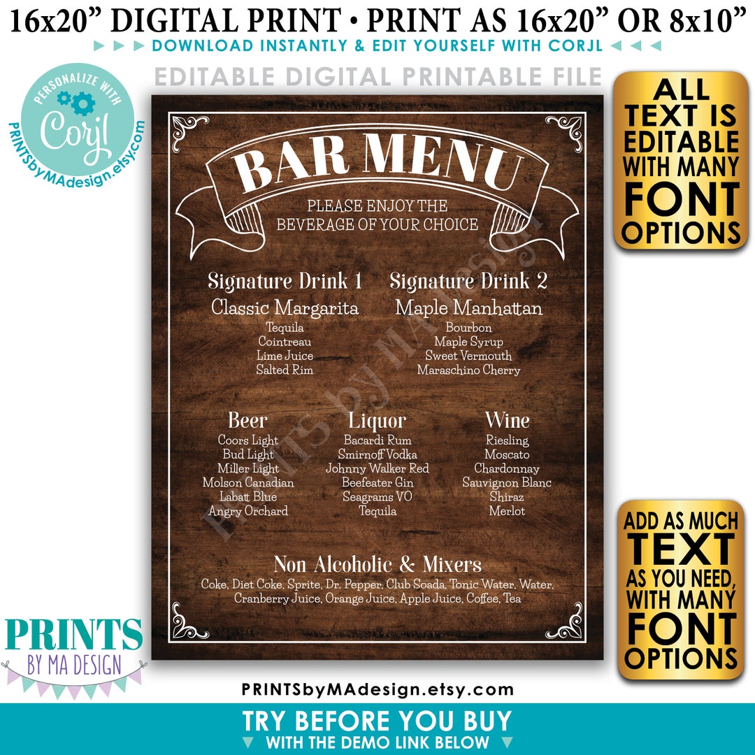 Bar Menu Sign, Custom PRINTABLE 8x10/16x20” Rustic Wood Style Drinks ...