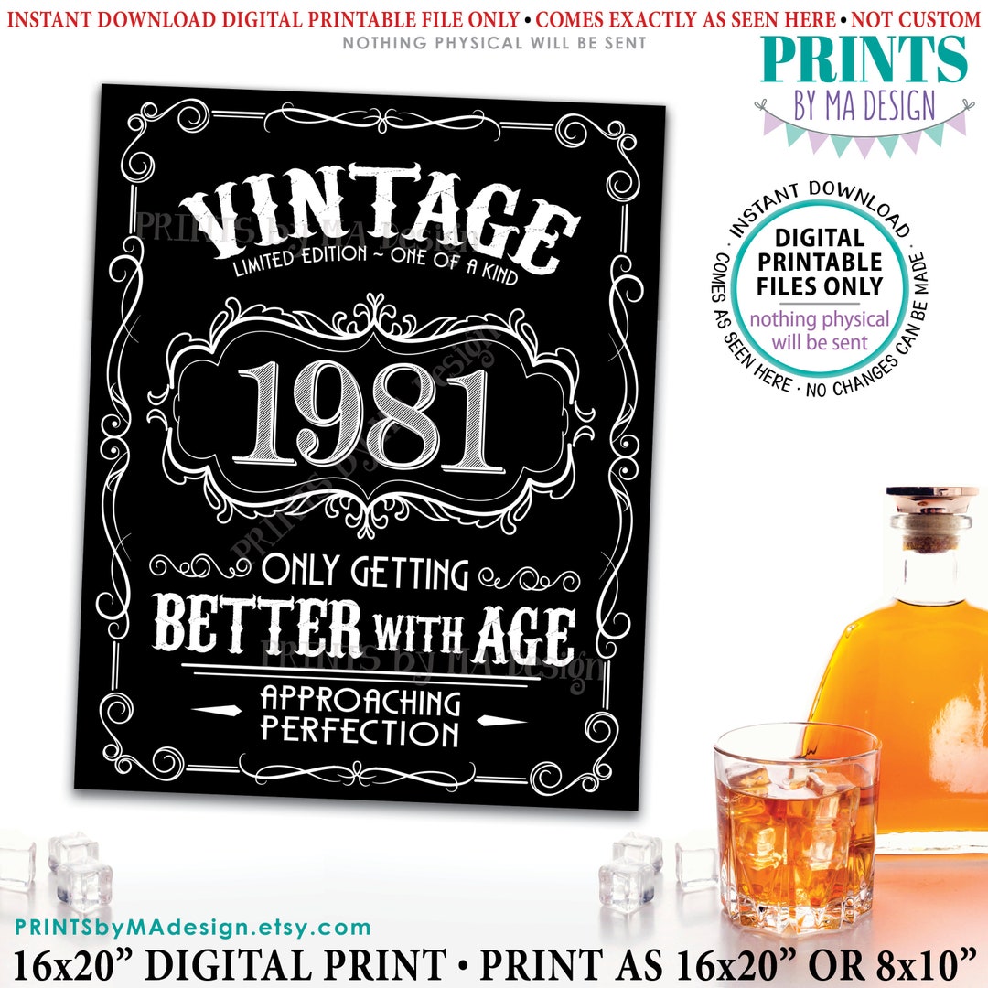 1981 Birthday Sign, Better With Age Vintage Birthday Poster, Whiskey ...