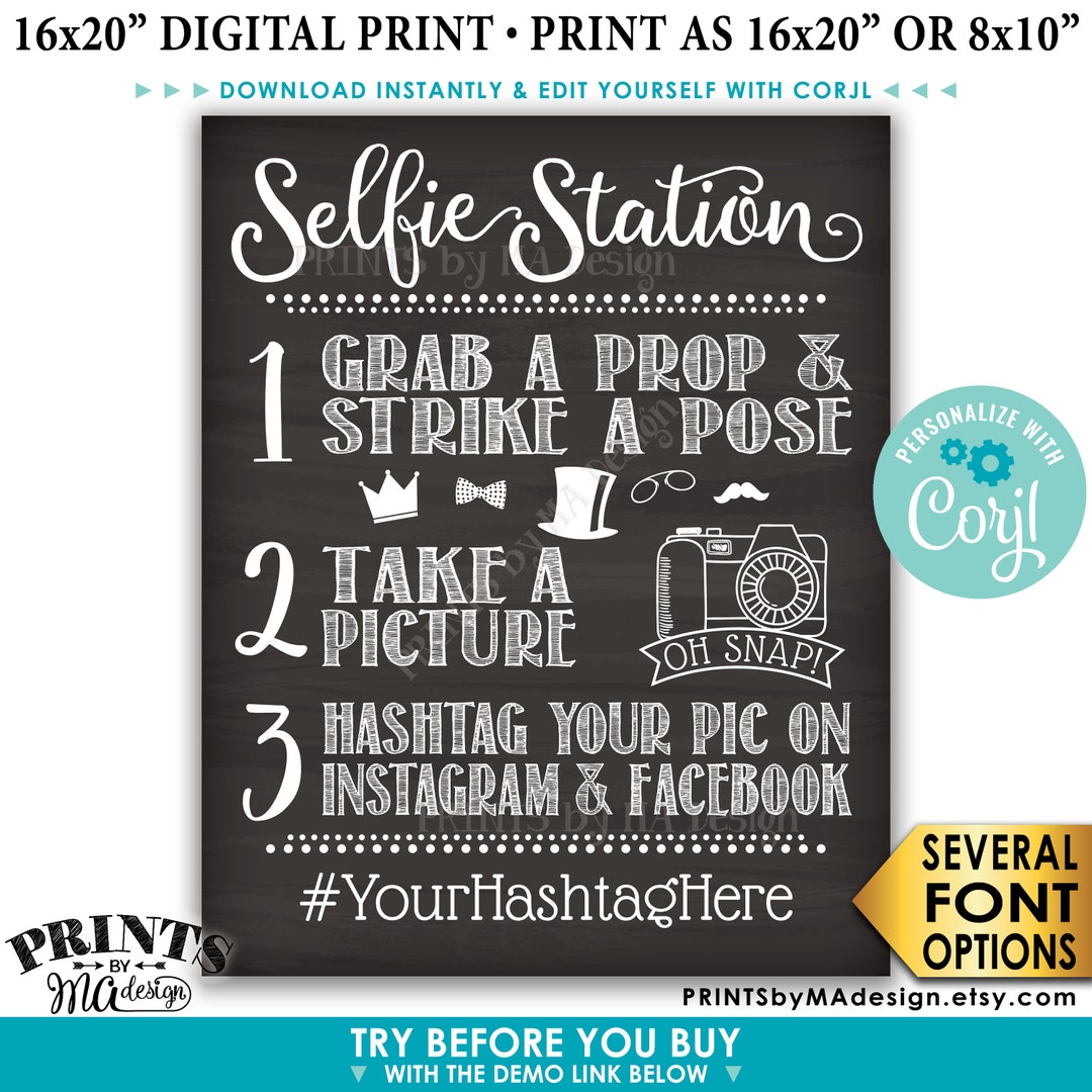 Selfie Station Sign, Share on Instagram & Facebook, PRINTABLE 8x10 ...