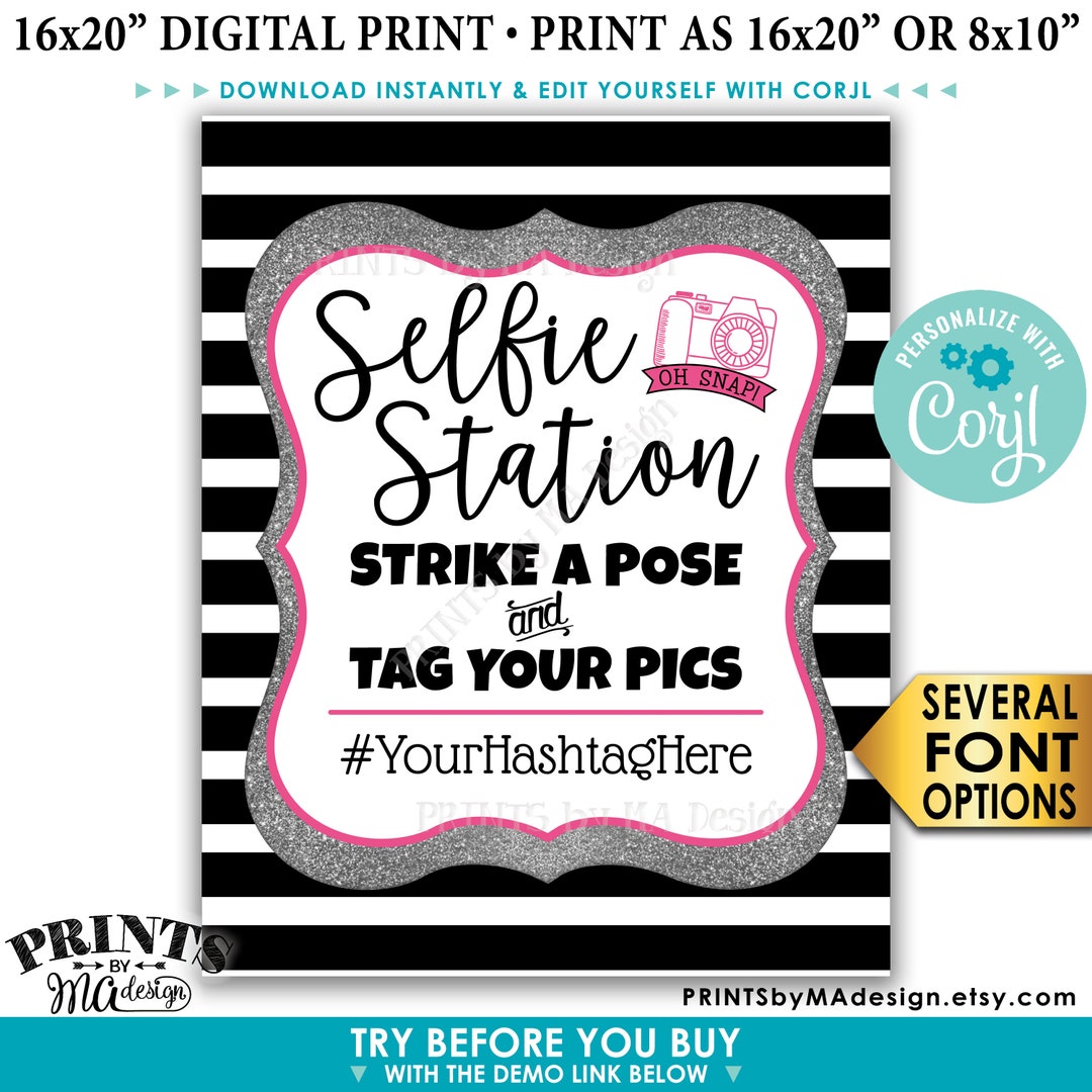 Selfie Station Sign, Strike a Pose & Tag Your Pics, Silver Glitter ...