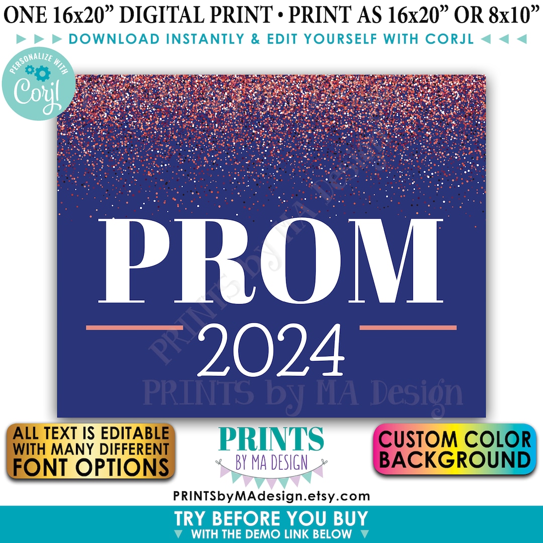 Prom Sign, Custom Text & Background Color, Rose Gold Glitter, PRINTABLE ...