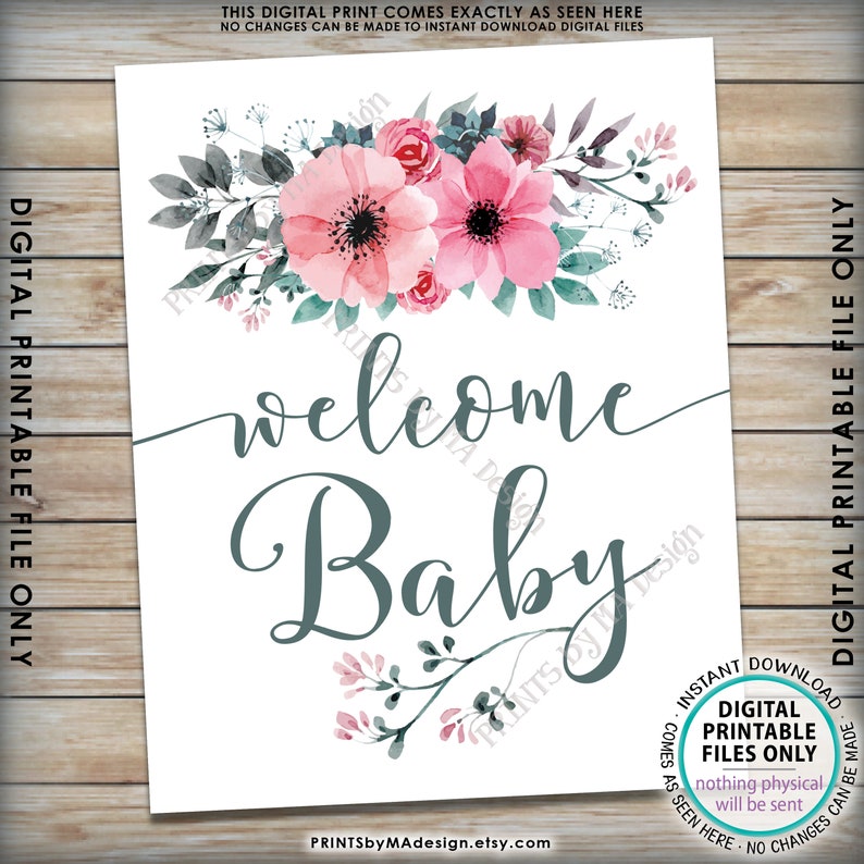 Floral Welcome Baby Sign Pink Teal/turquoise Gray Watercolor - Etsy