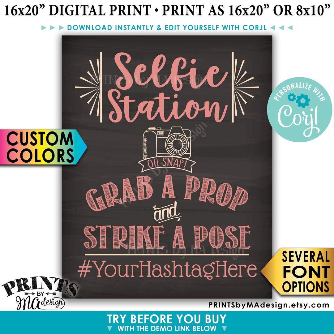 Editable Selfie Station Sign, Share Pics on Social Media, PRINTABLE ...