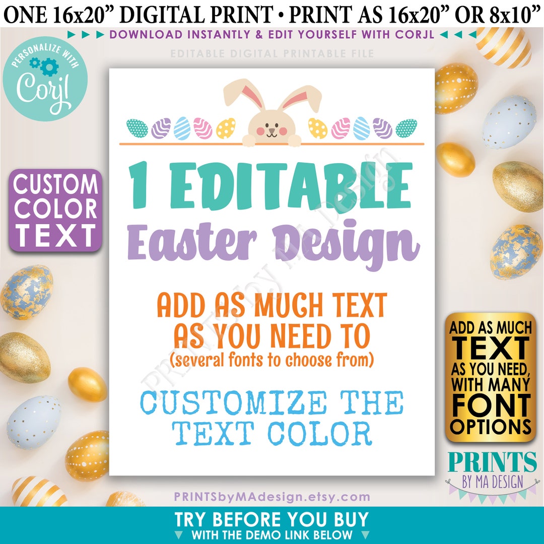 Editable Easter Sign, Easter Bunny and Eggs, Choose Your Text, One ...